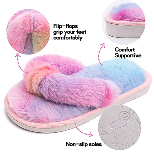 techcity Boys Girls Fuzzy Flip Flop Slippers Kids Cute Soft Comfy Open Toe Fluffy Slip On Thong Flat Sandals House Home Fur Slides Indoor Outdoor