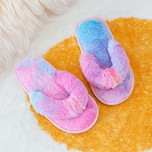 techcity Boys Girls Fuzzy Flip Flop Slippers Kids Cute Soft Comfy Open Toe Fluffy Slip On Thong Flat Sandals House Home Fur Slides Indoor Outdoor