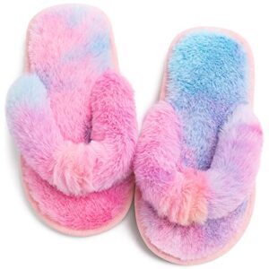 techcity Boys Girls Fuzzy Flip Flop Slippers Kids Cute Soft Comfy Open Toe Fluffy Slip On Thong Flat Sandals House Home Fur Slides Indoor Outdoor