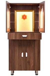 the mandir store wooden mandir with doors led lights storage cabinet in walnut colour