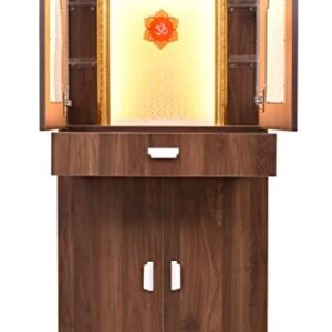 The Mandir Store Wooden Mandir with Doors Led Lights Storage Cabinet in Walnut Colour