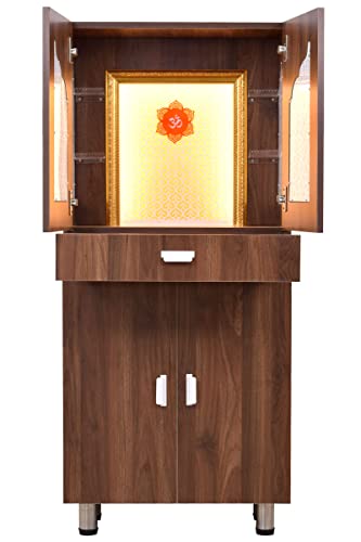 The Mandir Store Wooden Mandir with Doors Led Lights Storage Cabinet in Walnut Colour