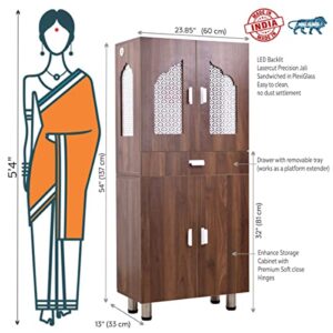 The Mandir Store Wooden Mandir with Doors Led Lights Storage Cabinet in Walnut Colour