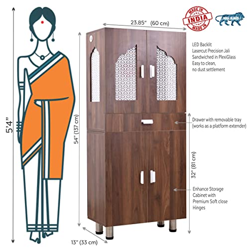 The Mandir Store Wooden Mandir with Doors Led Lights Storage Cabinet in Walnut Colour