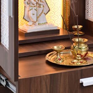 The Mandir Store Wooden Mandir with Doors Led Lights Storage Cabinet in Walnut Colour