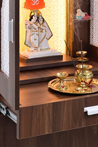 The Mandir Store Wooden Mandir with Doors Led Lights Storage Cabinet in Walnut Colour