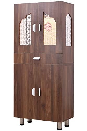 The Mandir Store Wooden Mandir with Doors Led Lights Storage Cabinet in Walnut Colour