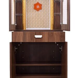 The Mandir Store Wooden Mandir with Doors Led Lights Storage Cabinet in Walnut Colour