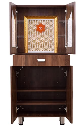 The Mandir Store Wooden Mandir with Doors Led Lights Storage Cabinet in Walnut Colour