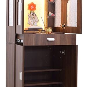 The Mandir Store Wooden Mandir with Doors Led Lights Storage Cabinet in Walnut Colour