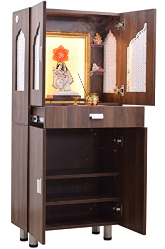 The Mandir Store Wooden Mandir with Doors Led Lights Storage Cabinet in Walnut Colour