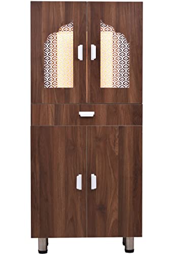 The Mandir Store Wooden Mandir with Doors Led Lights Storage Cabinet in Walnut Colour