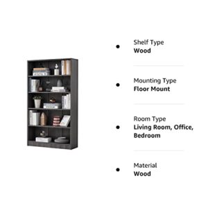 Farini Grey Bookshelf for Bedroom 5 Shelf Office Bookcase 60 Inches Tall Modern Wood Bookshelf for Living Room 5 Tier Wide Manga Bookshelf Library Bookcase