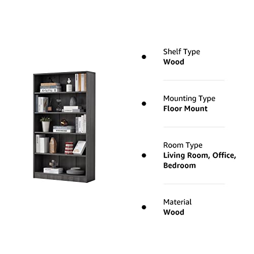 Farini Grey Bookshelf for Bedroom 5 Shelf Office Bookcase 60 Inches Tall Modern Wood Bookshelf for Living Room 5 Tier Wide Manga Bookshelf Library Bookcase