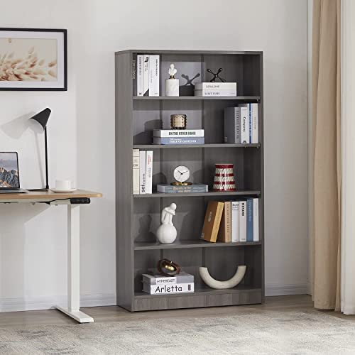 Farini Grey Bookshelf for Bedroom 5 Shelf Office Bookcase 60 Inches Tall Modern Wood Bookshelf for Living Room 5 Tier Wide Manga Bookshelf Library Bookcase