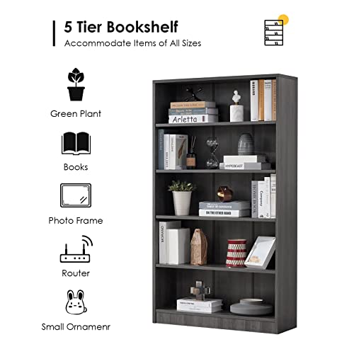 Farini Grey Bookshelf for Bedroom 5 Shelf Office Bookcase 60 Inches Tall Modern Wood Bookshelf for Living Room 5 Tier Wide Manga Bookshelf Library Bookcase