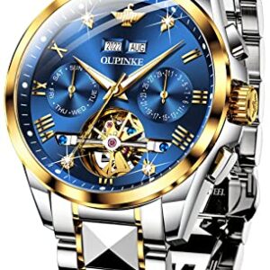 OUPINKE Mens Automatic Watches Diamond Skeleton Self Winding Luxury Dress Wrist Watch Sapphire Crystal Tungsten Steel Luminous Waterproof