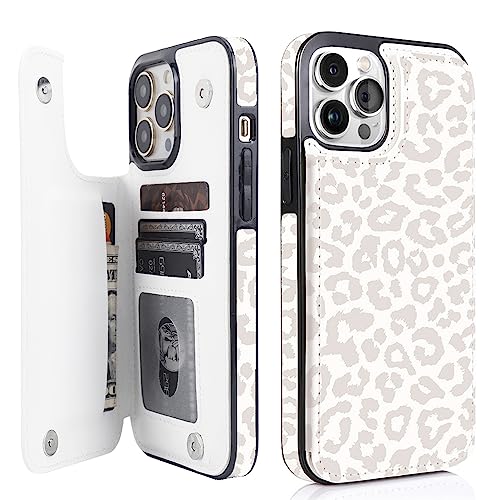 uCOLOR Compatible with iPhone 12 Pro Max 6.7" Wallet Case with Card Holder Slot Folio Flip PU Leather Kickstand Double Magnetic Clasp and RFID Blocking Design Cover 6.7 Inch (Beige Leopard)