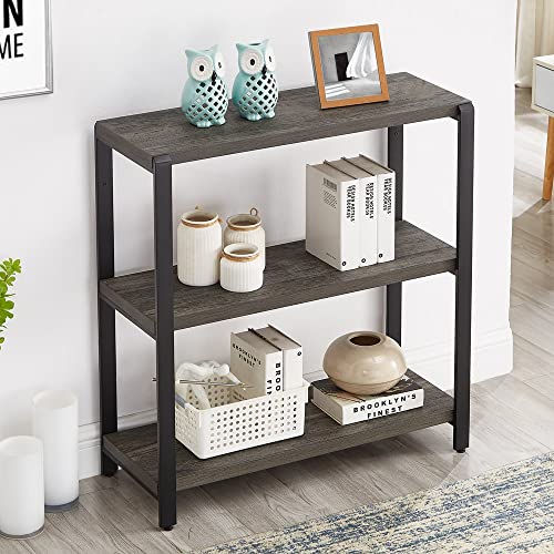 EXCEFUR Bookshelf and Bookcase, 3 Tier Vintage Shelf for Office, Rustic Wood and Metal Book Shelves, Grey