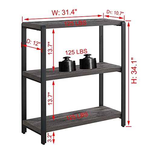 EXCEFUR Bookshelf and Bookcase, 3 Tier Vintage Shelf for Office, Rustic Wood and Metal Book Shelves, Grey