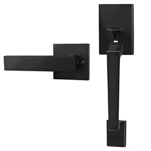 azdele black front door handle set, entry door handle set with door lever reversible for right and left handed doors, single cylinder exterior door handleset with lower half lever, matte black