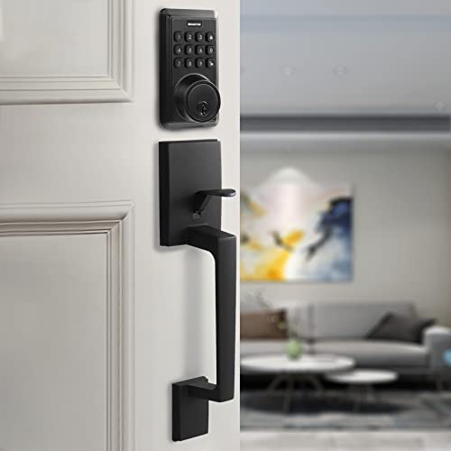 Azdele Black Front Door Handle Set, Entry Door Handle Set with Door Lever Reversible for Right and Left Handed Doors, Single Cylinder Exterior Door Handleset with Lower Half Lever, Matte Black