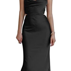 LYANER Women's Satin Cowl Neck Straps Slip Sexy Cut Out Cocktail Midi Dress Black Small