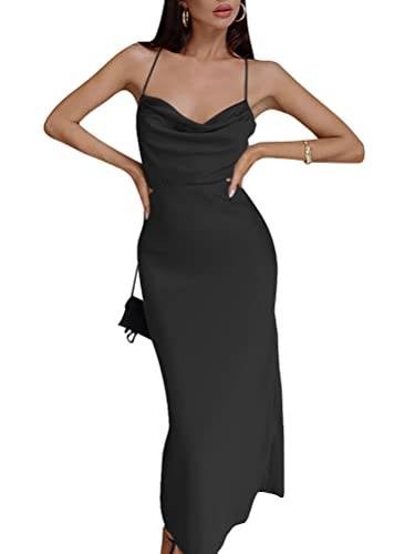 LYANER Women's Satin Cowl Neck Straps Slip Sexy Cut Out Cocktail Midi Dress Black Small