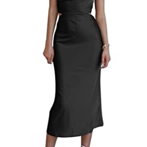 LYANER Women's Satin Cowl Neck Straps Slip Sexy Cut Out Cocktail Midi Dress Black Small