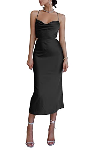 LYANER Women's Satin Cowl Neck Straps Slip Sexy Cut Out Cocktail Midi Dress Black Small