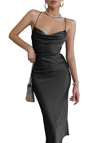 LYANER Women's Satin Cowl Neck Straps Slip Sexy Cut Out Cocktail Midi Dress Black Small