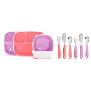 munchkin splash toddler dining set - includes divided plates, bowls and utensils, 10pc set, pink/purple