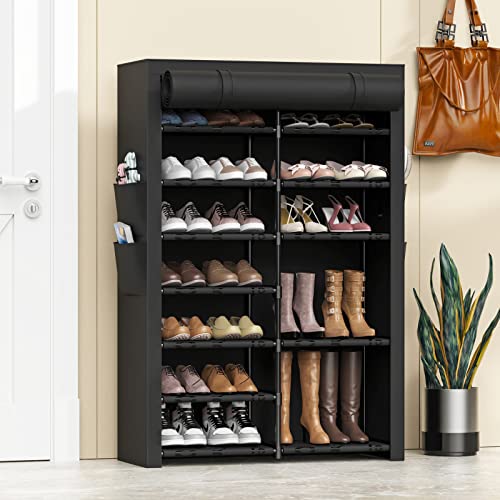 VTRIN Shoe Rack with Covers Shoe and Boot Storage Cabinet 8 Tier 28-35 Pairs Shoe Rack Organizer for Entryway Closet Garage Heavy Duty Free Standing Black Metal Shoe Shelf