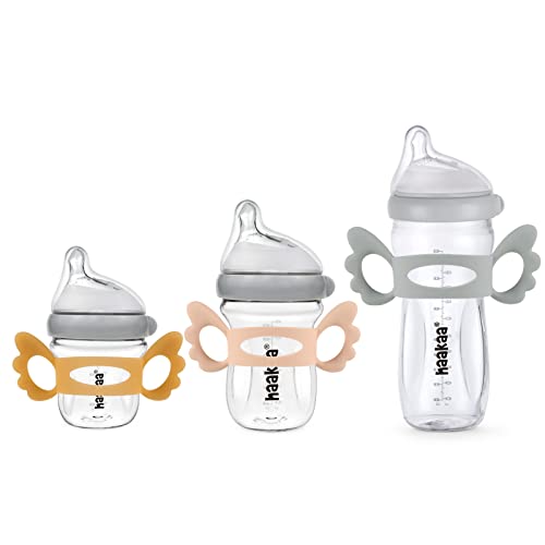 haakaa Gen.3 Glass Baby Bottle Handle - Silicone Baby Bottle Cover | Wide Neck Bottle Grip for 0m+ 6m+Breastfeeding Babies - Grey