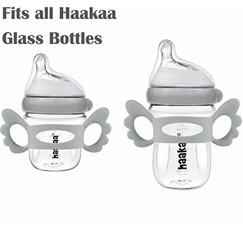 haakaa Gen.3 Glass Baby Bottle Handle - Silicone Baby Bottle Cover | Wide Neck Bottle Grip for 0m+ 6m+Breastfeeding Babies - Grey