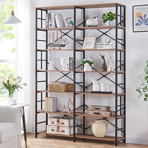 HOMISSUE Double Wide 7-Tier Bookshelf,Industrial Bookcases with Metal Frame,Open Large Storage Bookshelves,Wood and Metal Tall Display Shelves for Living Room Office,Rustic Brown