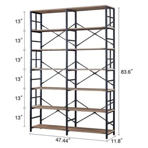 HOMISSUE Double Wide 7-Tier Bookshelf,Industrial Bookcases with Metal Frame,Open Large Storage Bookshelves,Wood and Metal Tall Display Shelves for Living Room Office,Rustic Brown