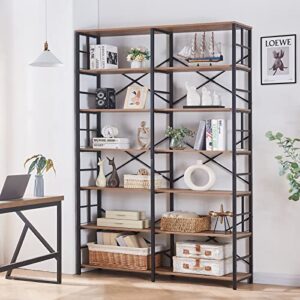 HOMISSUE Double Wide 7-Tier Bookshelf,Industrial Bookcases with Metal Frame,Open Large Storage Bookshelves,Wood and Metal Tall Display Shelves for Living Room Office,Rustic Brown