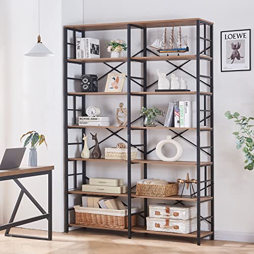 HOMISSUE Double Wide 7-Tier Bookshelf,Industrial Bookcases with Metal Frame,Open Large Storage Bookshelves,Wood and Metal Tall Display Shelves for Living Room Office,Rustic Brown