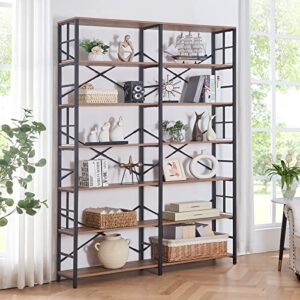 HOMISSUE Double Wide 7-Tier Bookshelf,Industrial Bookcases with Metal Frame,Open Large Storage Bookshelves,Wood and Metal Tall Display Shelves for Living Room Office,Rustic Brown