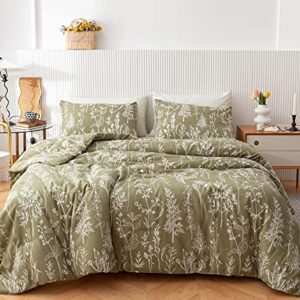 JANZAA 3 Pieces Duvet Covers Queen Size Floral Cover White Botanical Printed on Qlive Geen Soft Bed with Zipper Closure 4 Ties All Season Using(2 Pillow Cases)