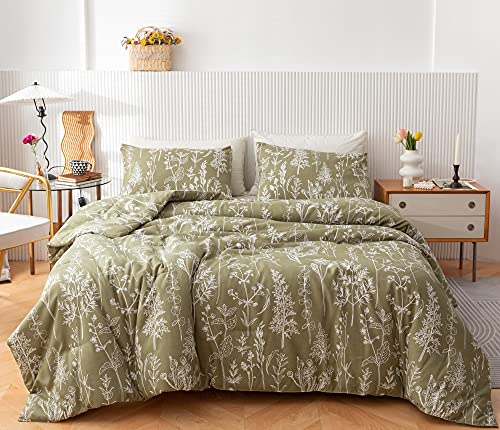 JANZAA 3 Pieces Duvet Covers Queen Size Floral Cover White Botanical Printed on Qlive Geen Soft Bed with Zipper Closure 4 Ties All Season Using(2 Pillow Cases)