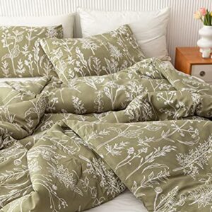 JANZAA 3 Pieces Duvet Covers Queen Size Floral Cover White Botanical Printed on Qlive Geen Soft Bed with Zipper Closure 4 Ties All Season Using(2 Pillow Cases)