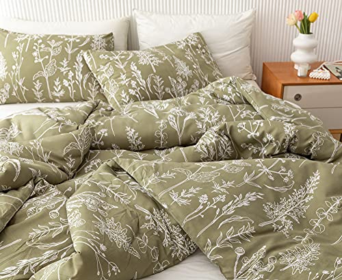 JANZAA 3 Pieces Duvet Covers Queen Size Floral Cover White Botanical Printed on Qlive Geen Soft Bed with Zipper Closure 4 Ties All Season Using(2 Pillow Cases)