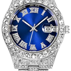 LGXIGE Mens Ice Out Watches Big Rocks with Roman Numerals Fully Colorful Dial Gold Watch (Silver Band Blue)