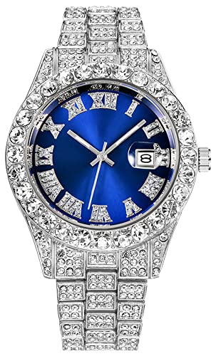 LGXIGE Mens Ice Out Watches Big Rocks with Roman Numerals Fully Colorful Dial Gold Watch (Silver Band Blue)