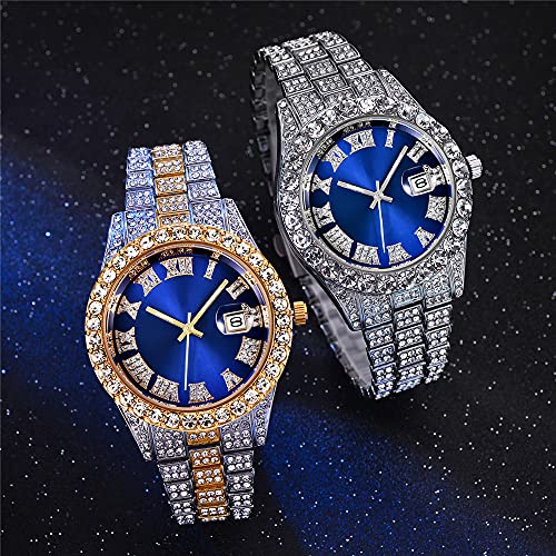 LGXIGE Mens Ice Out Watches Big Rocks with Roman Numerals Fully Colorful Dial Gold Watch (Silver Band Blue)