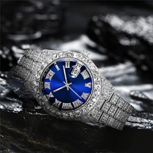 LGXIGE Mens Ice Out Watches Big Rocks with Roman Numerals Fully Colorful Dial Gold Watch (Silver Band Blue)