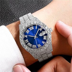 LGXIGE Mens Ice Out Watches Big Rocks with Roman Numerals Fully Colorful Dial Gold Watch (Silver Band Blue)