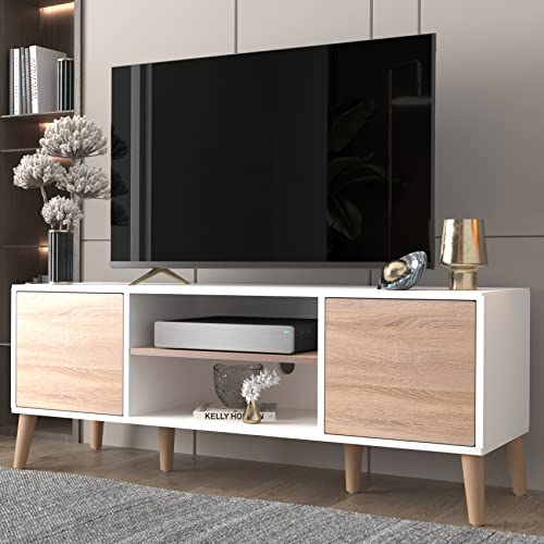 Gdvsclr TV Stand, TV Console Media Cabinet with Push Up Open Doors and Cable Collection Holes for TVs Up to 60 Inch Flat Screen for Living Room Bedroom, White + Oak